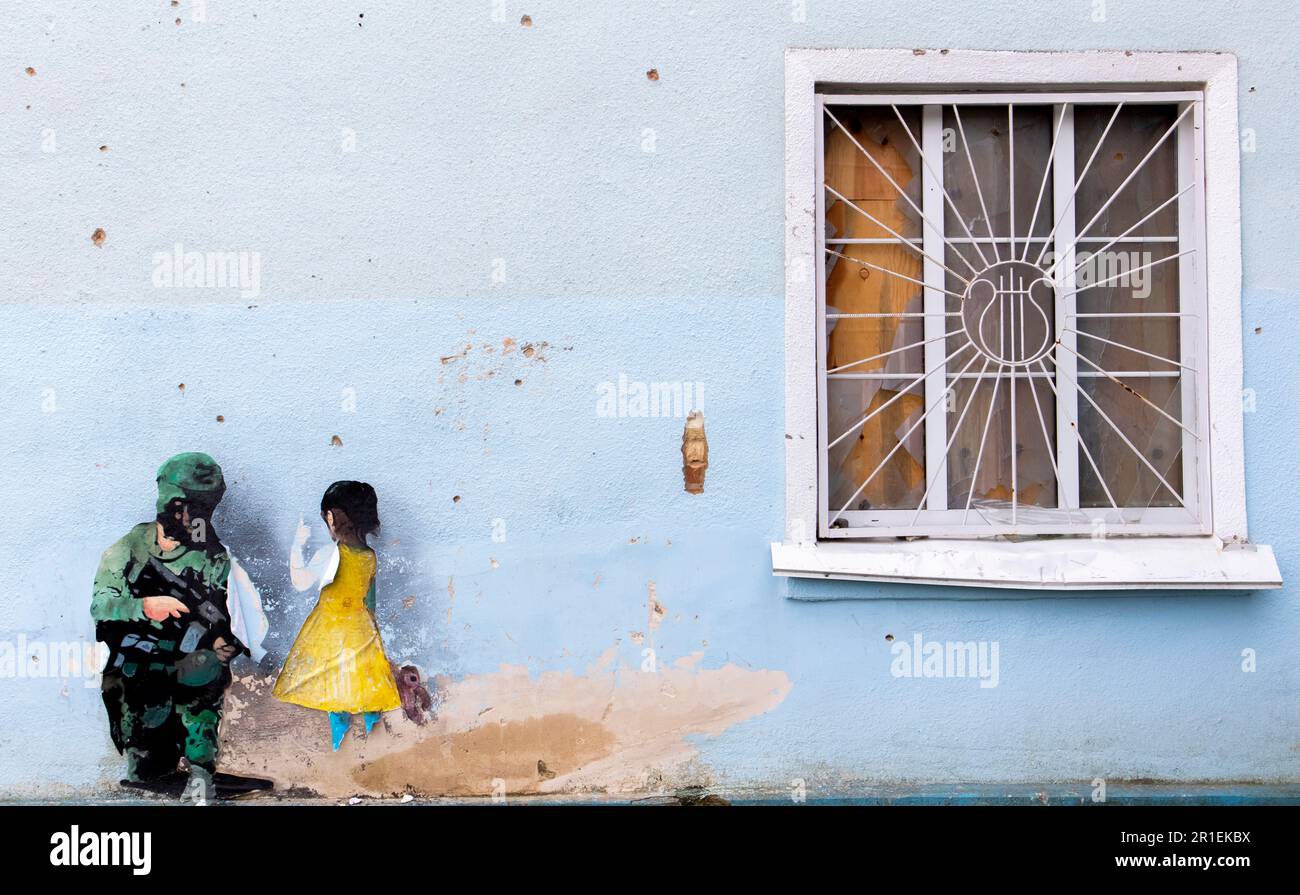 Mural on the surviving walls of the Central House of Culture of Irpin ...
