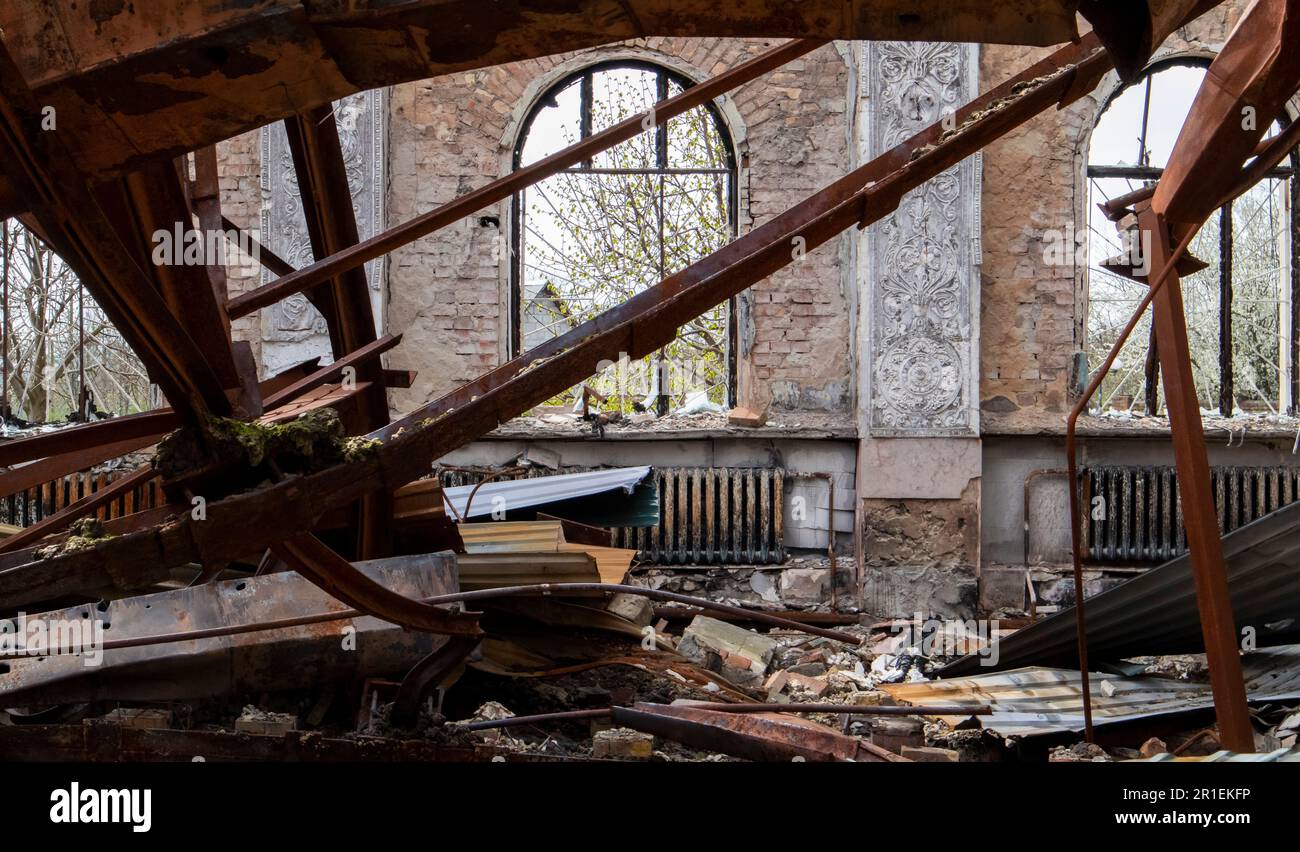 The bombed building of the house of culture in the city. War of Russia ...