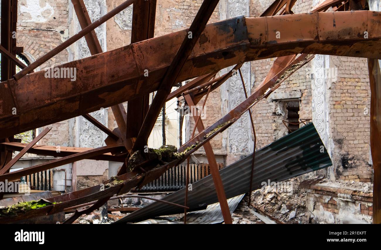 The bombed building of the house of culture in the city. War of Russia ...