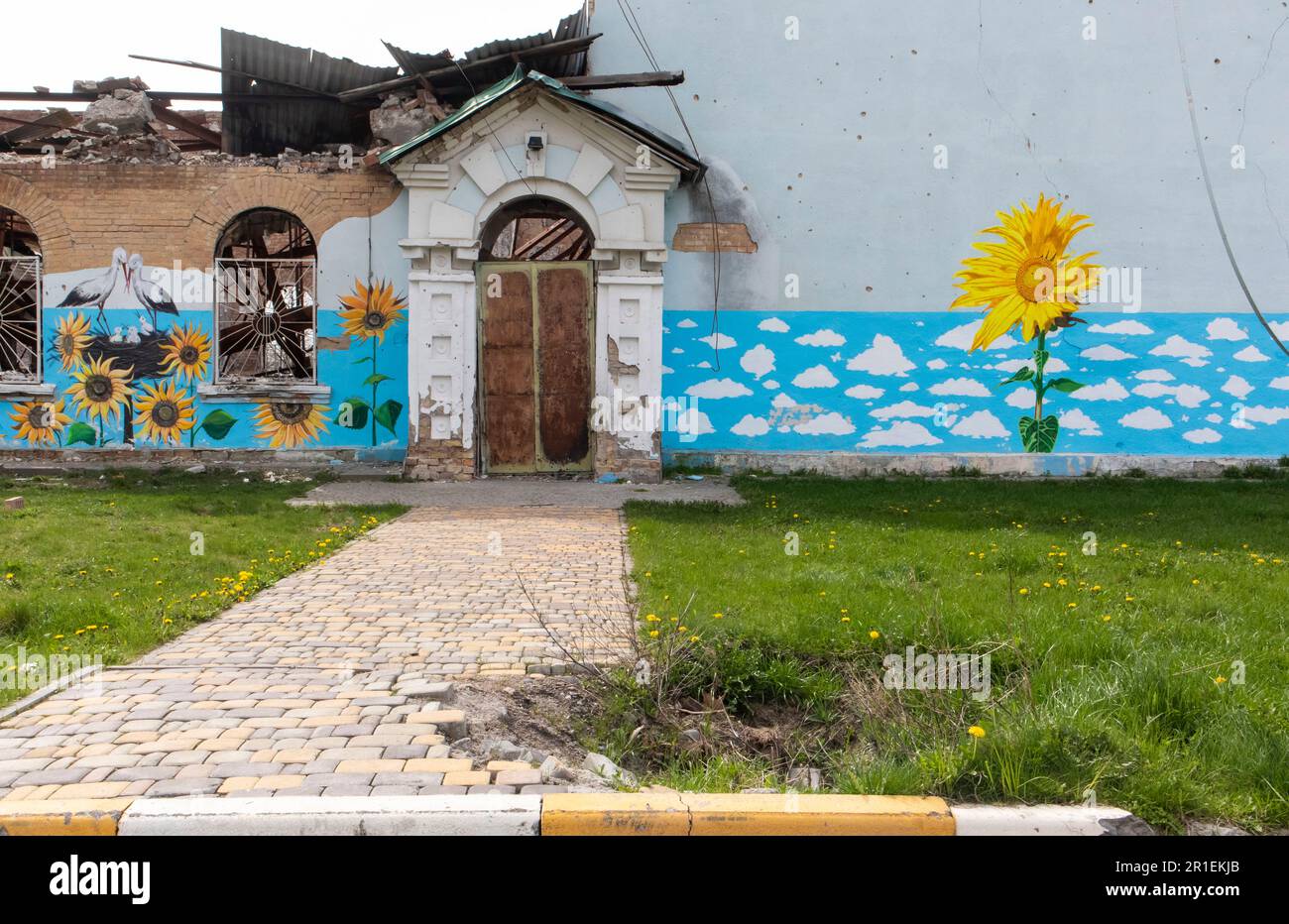The ruins of a destroyed house of culture after the occupation in the ...