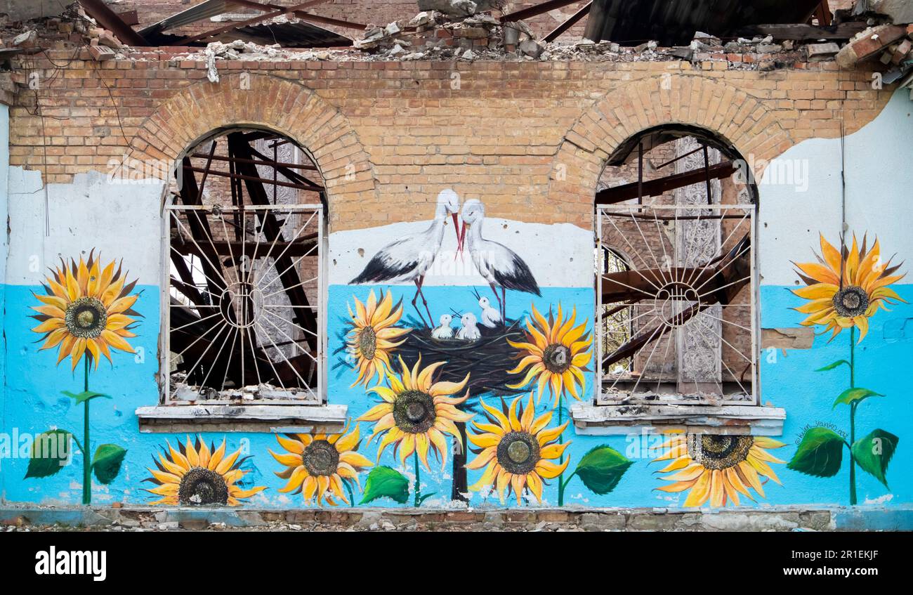 The ruins of a destroyed house of culture after the occupation in the ...