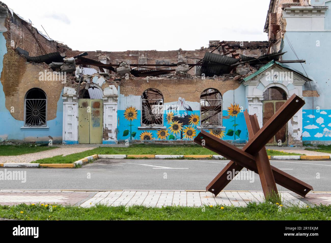 The ruins of a destroyed house of culture after the occupation in the ...