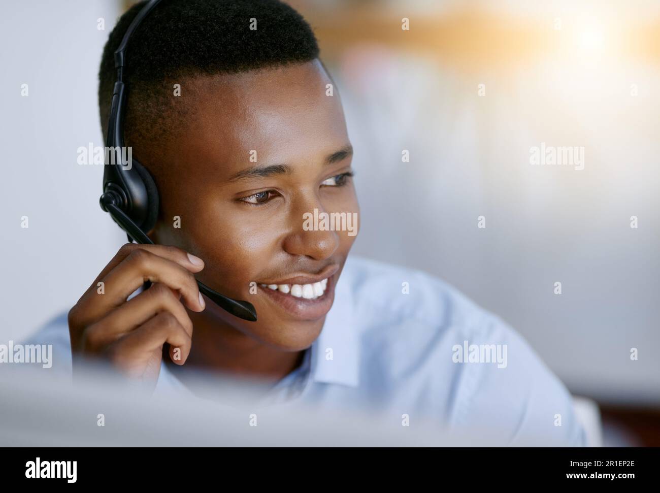 Virtual assistant, mic or happy black man in call center consulting or ...
