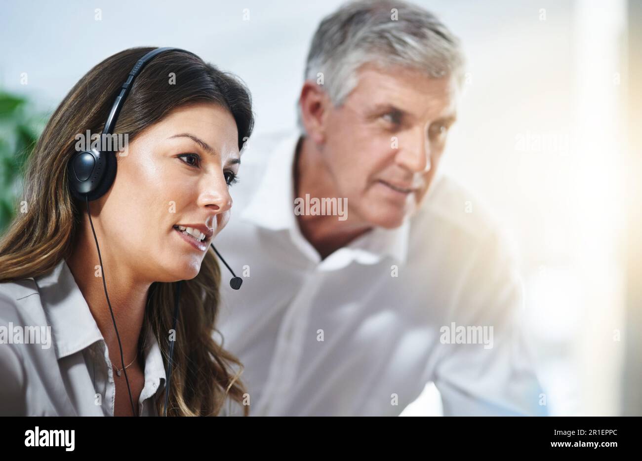 Coaching, woman or senior manager in call center training telemarketing ...