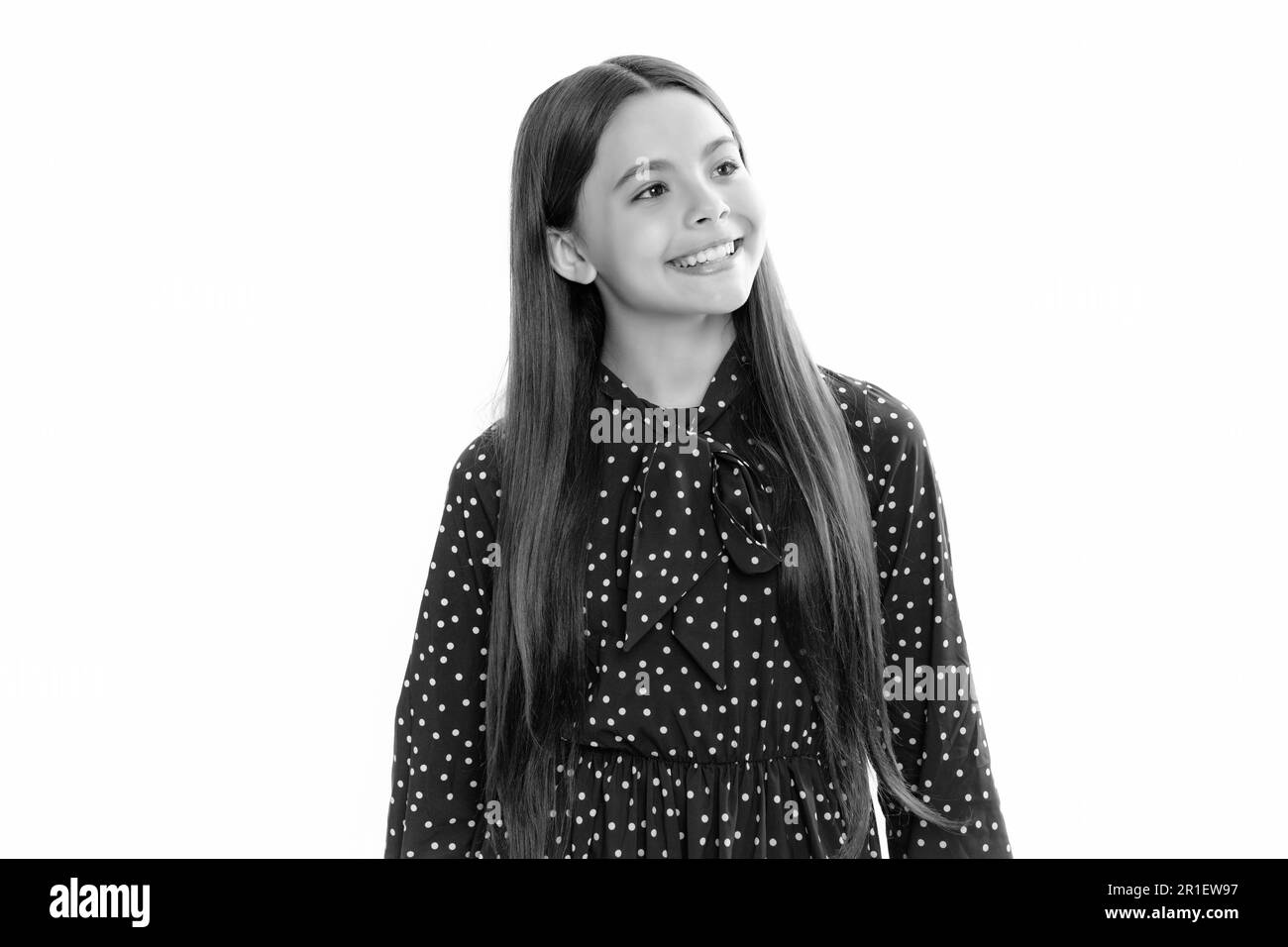 Portrait of happy smiling teenage child girl. Cute preteen girl head shot. Child portrait on ...