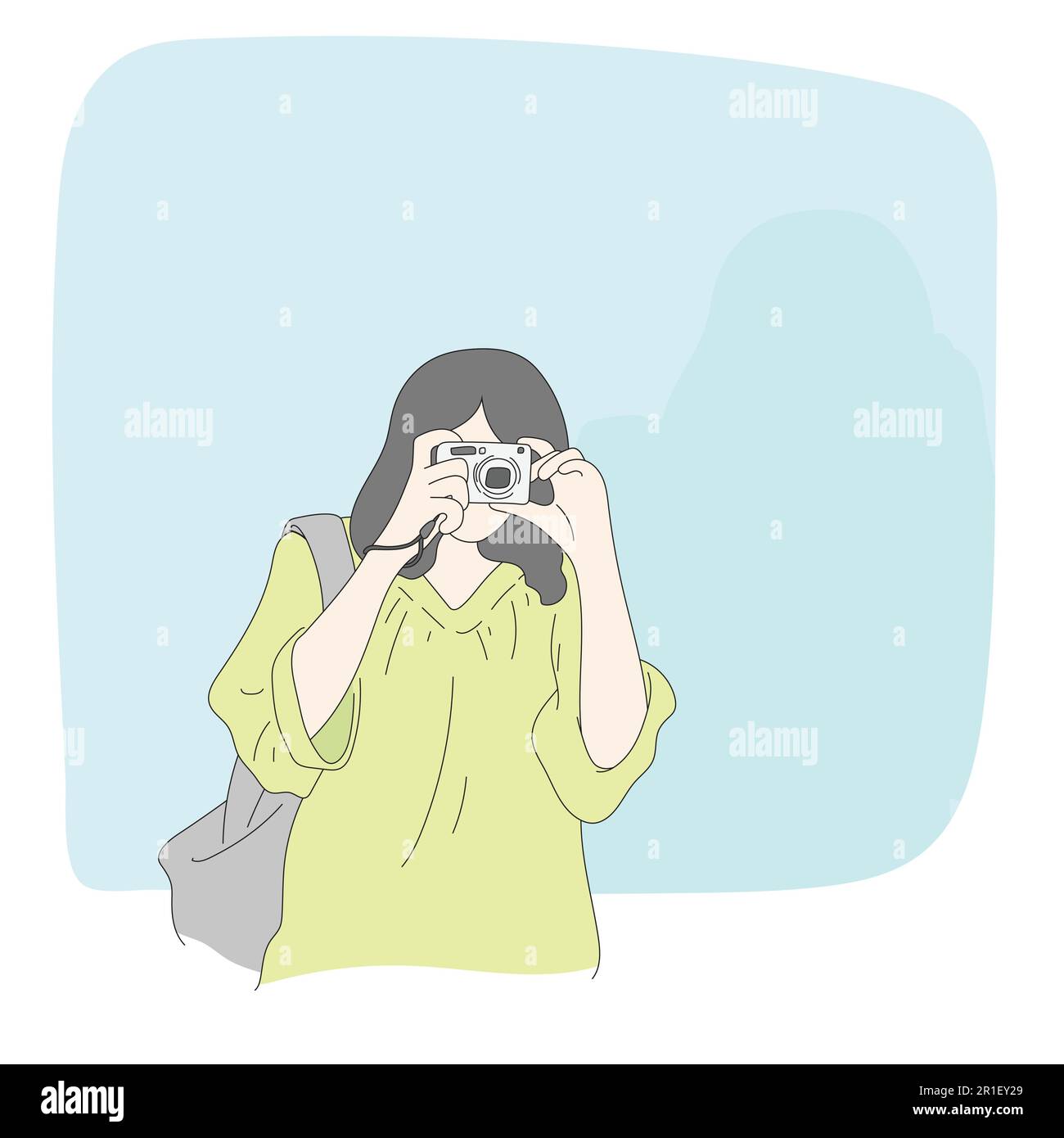 line art half length of woman taking photo with her compact camera ...