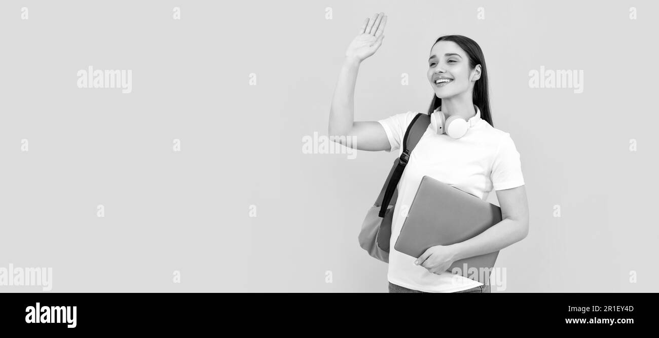 happy lady in headphones hold pc carry backpack, hello. Woman isolated ...