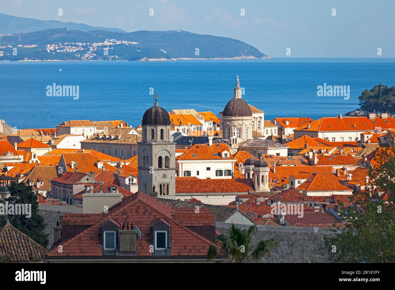 Aerial view of the old town in Dubrovnik with the bell tower of the ...