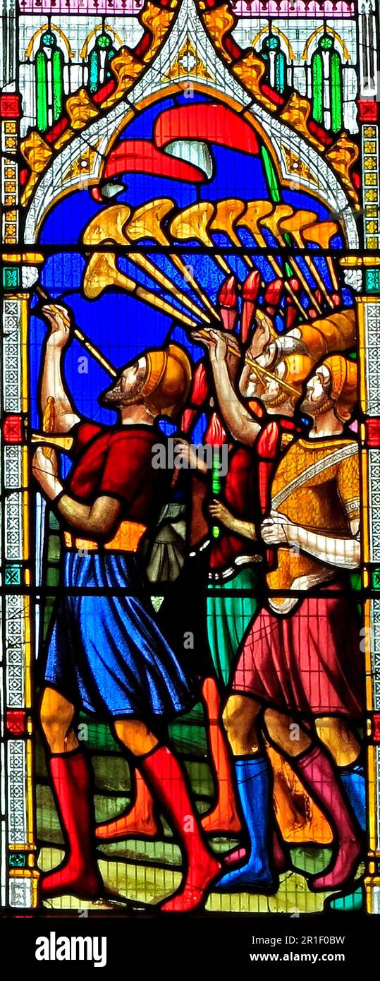 Stained Glass window, Gideon leading army with Trumpets, against the ...