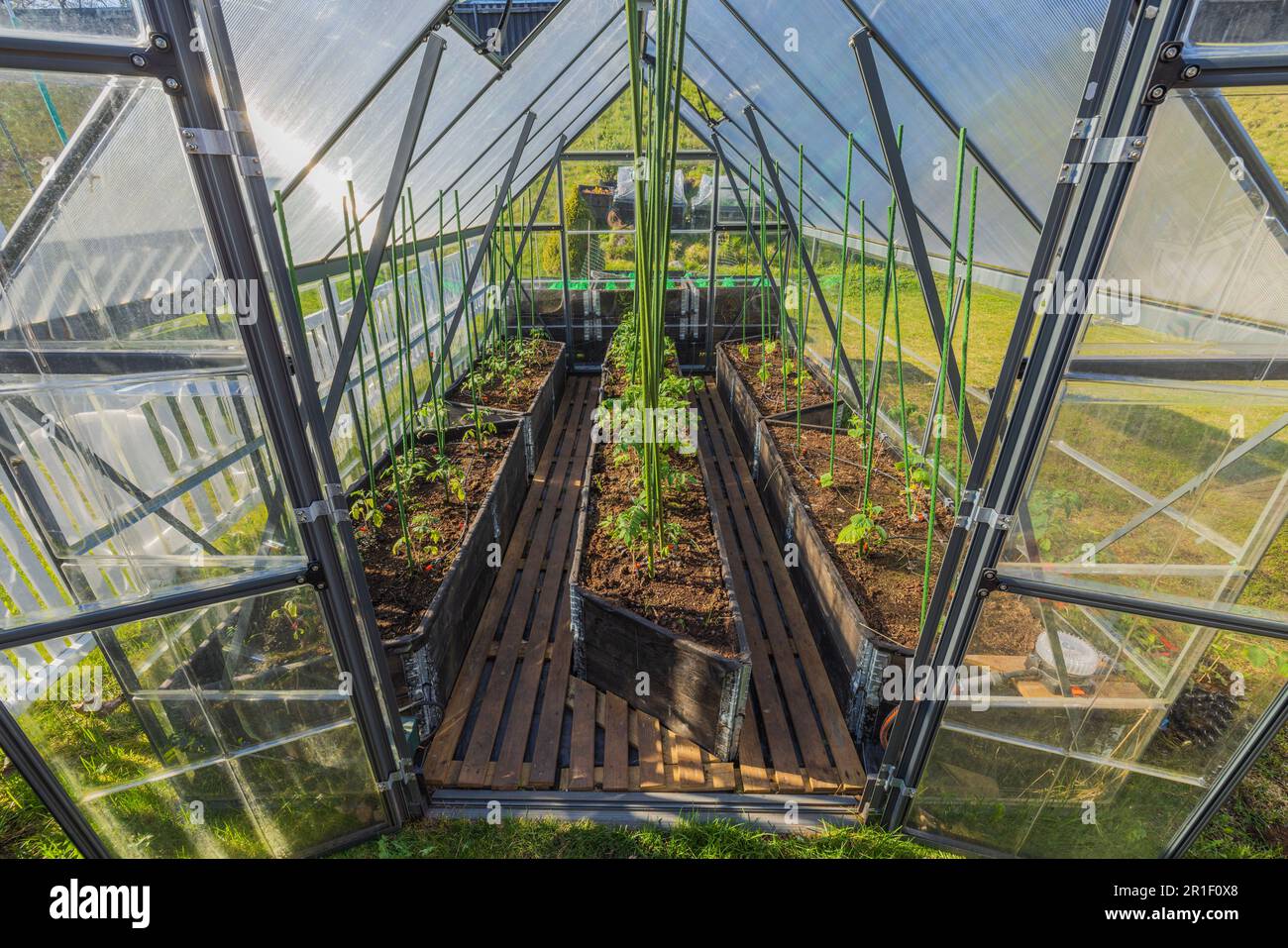 Beautiful view of open greenhouse equipped with wooden floor with ...