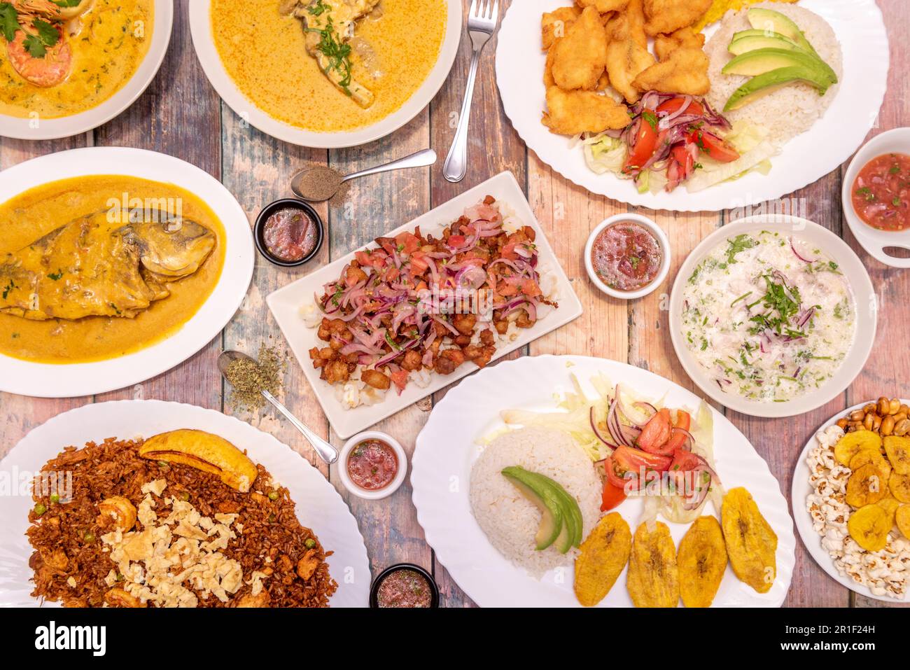 Latin cuisine dishes, fish cooked with coconut, stir-fried rice ...