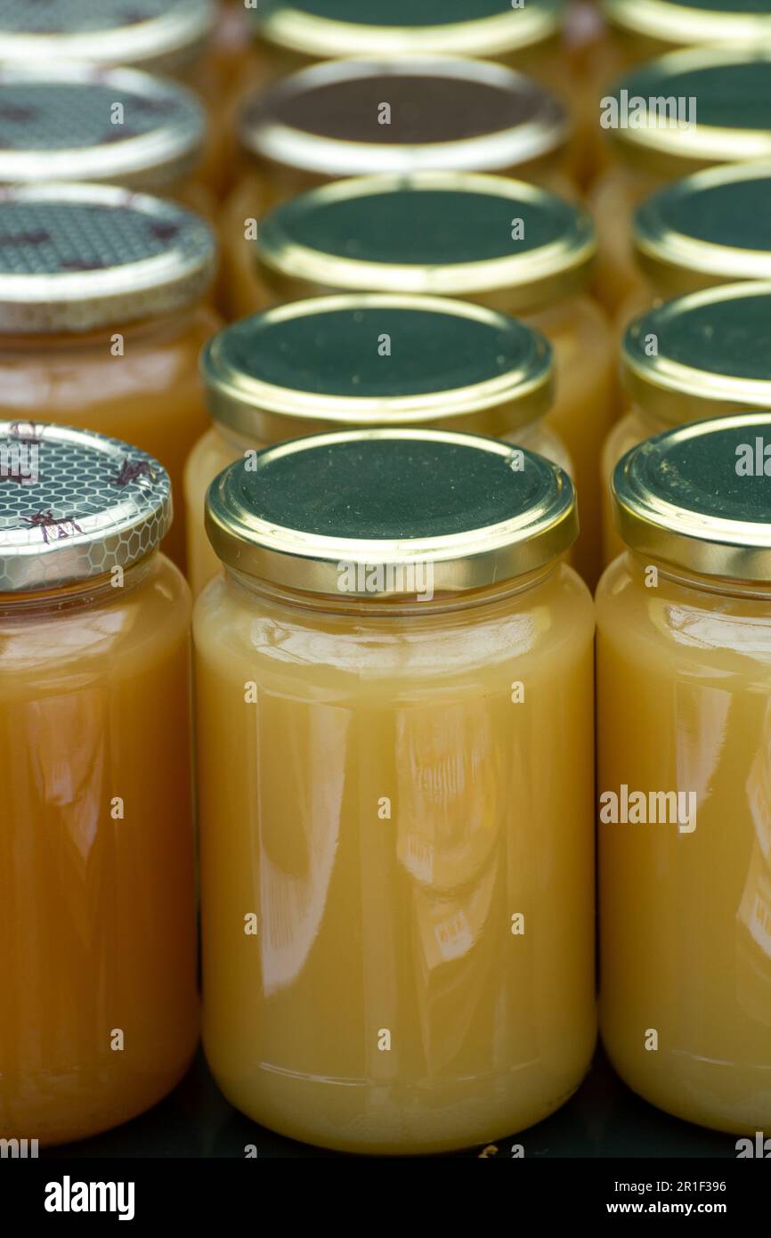 Organic honey from farm bee apiary on mountains meadows with summer ...