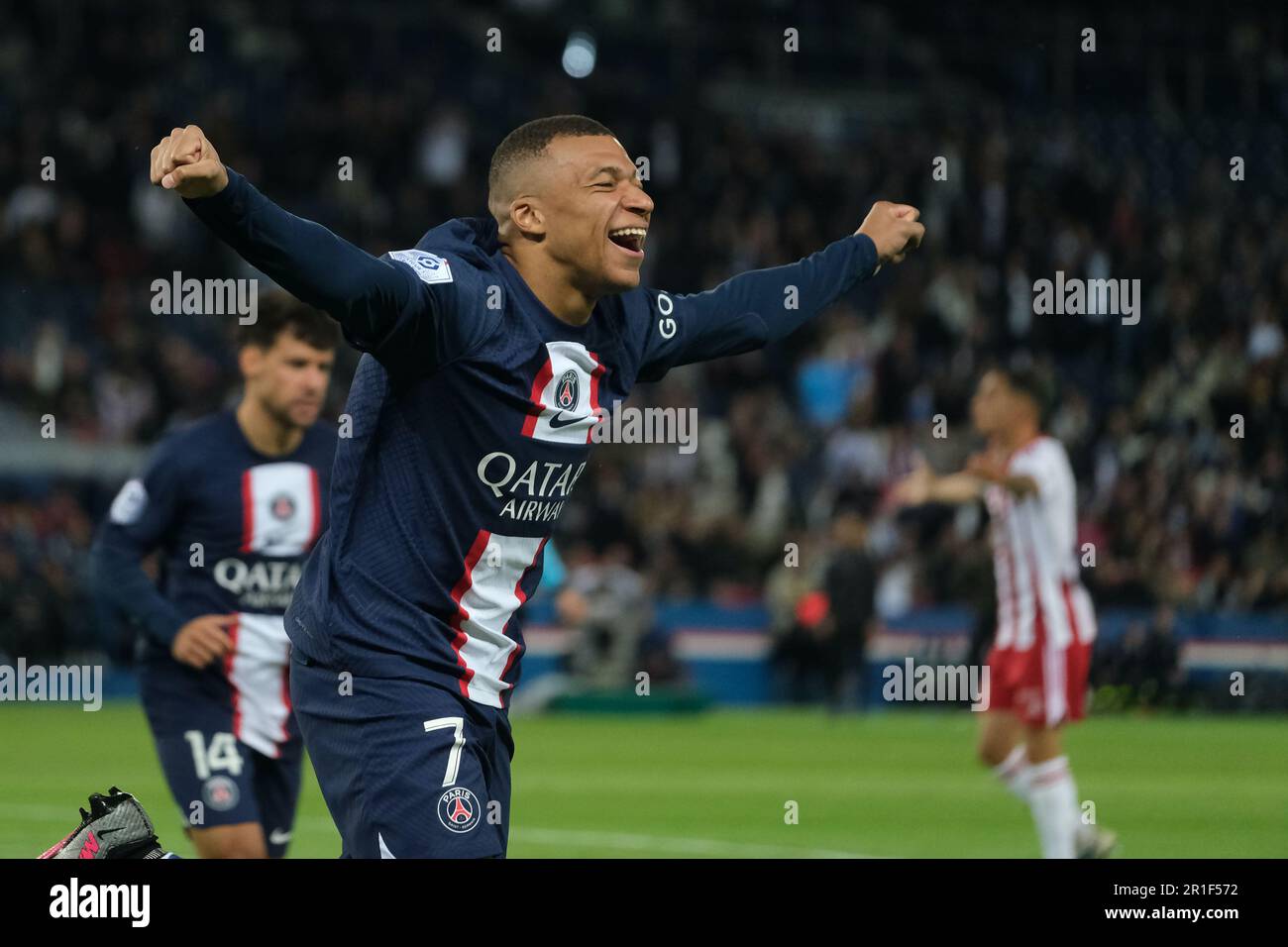 Paris, Paris, France. 14th May, 2023. Joy of PSG Forward KYLIAN MBAPPE ...