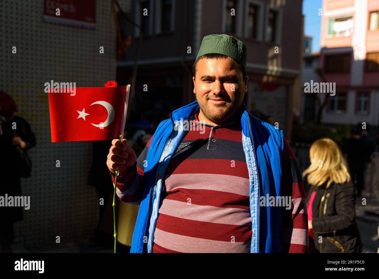 Istanbul, Turkey. 13th May, 2023. A man seen holding a Turkish flag at ...