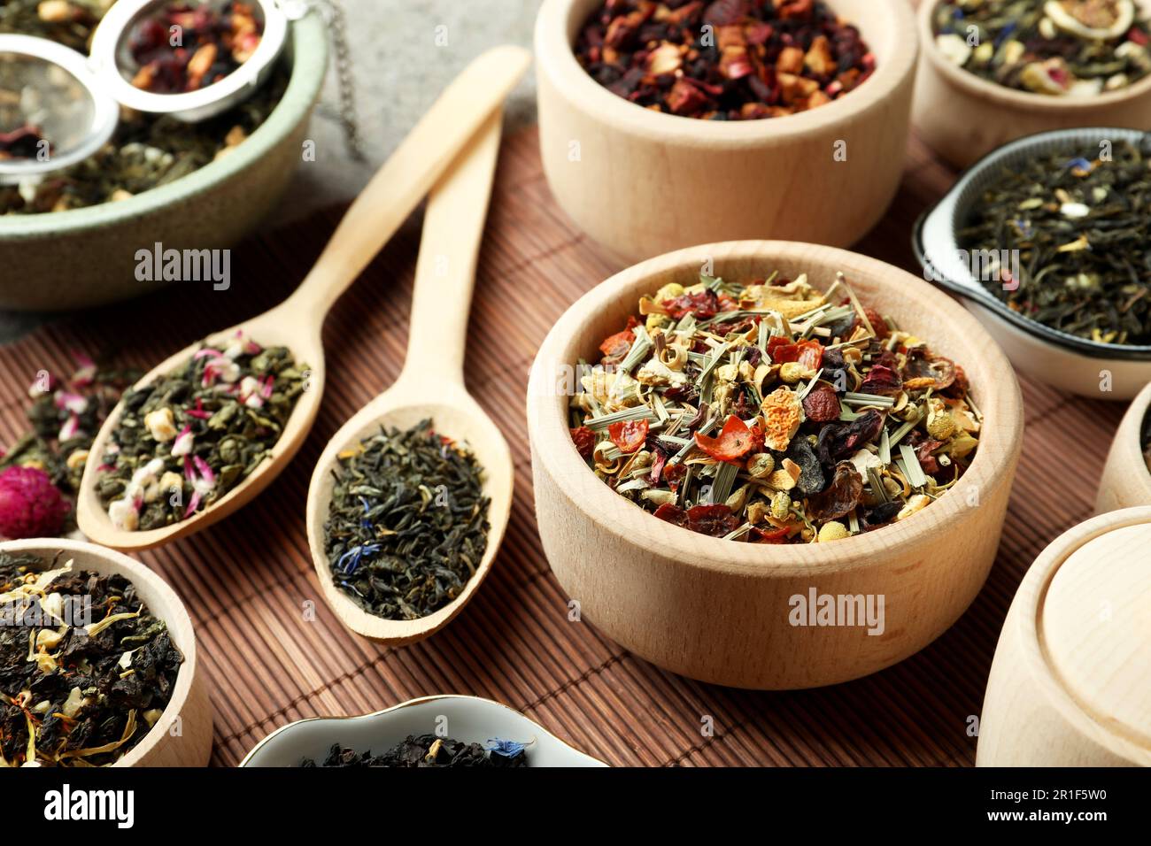 Many different herbal teas on bamboo mat Stock Photo - Alamy