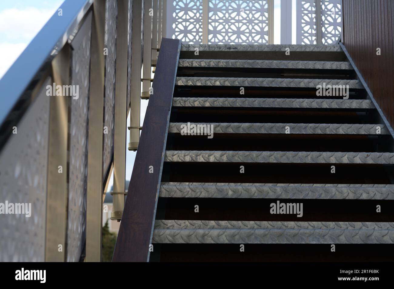 View of metal outdoor stairs with railing Stock Photo - Alamy