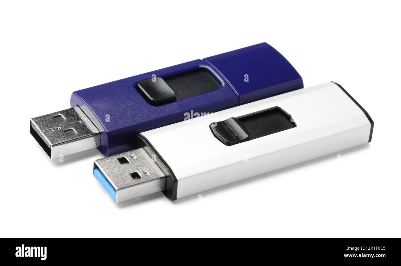 Different usb flash drives on white background Stock Photo - Alamy