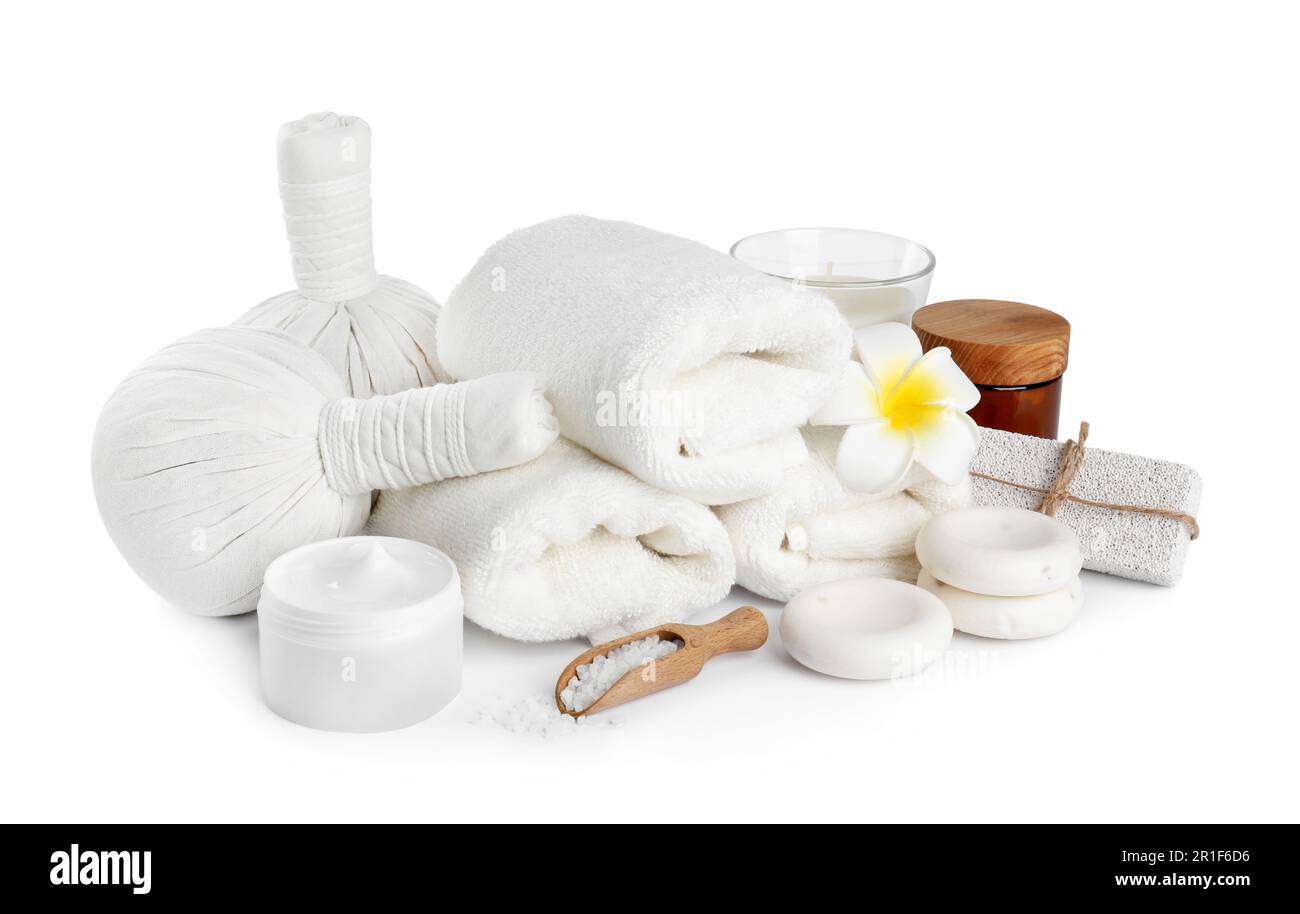 Beautiful composition with different spa products on white background ...