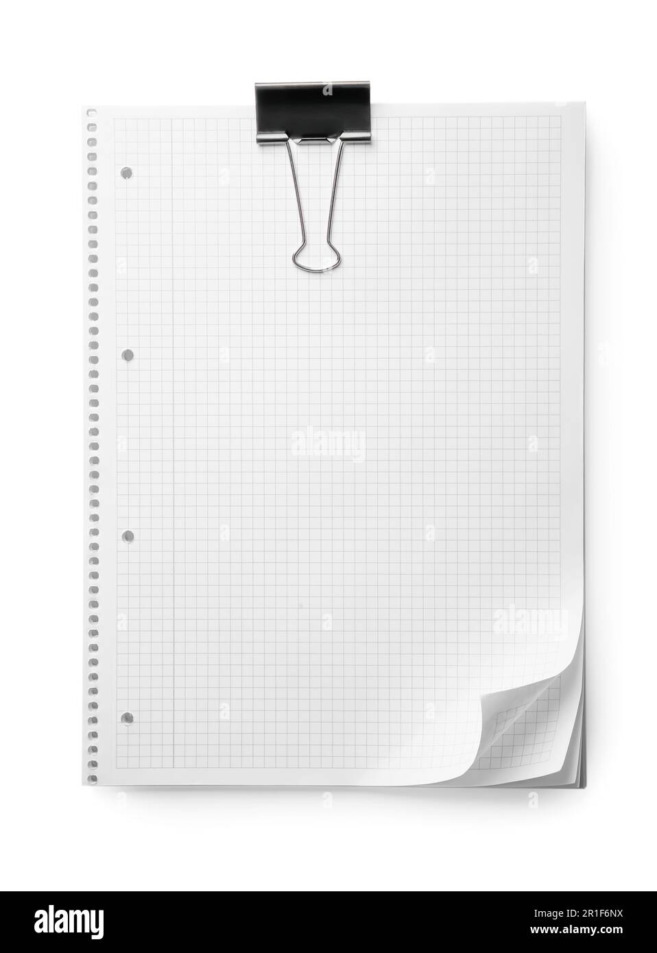 Stack of checkered paper sheets with binder clip on white background ...