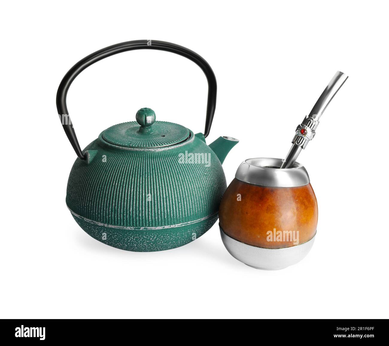 Calabash with mate tea, bombilla and teapot on white background Stock ...