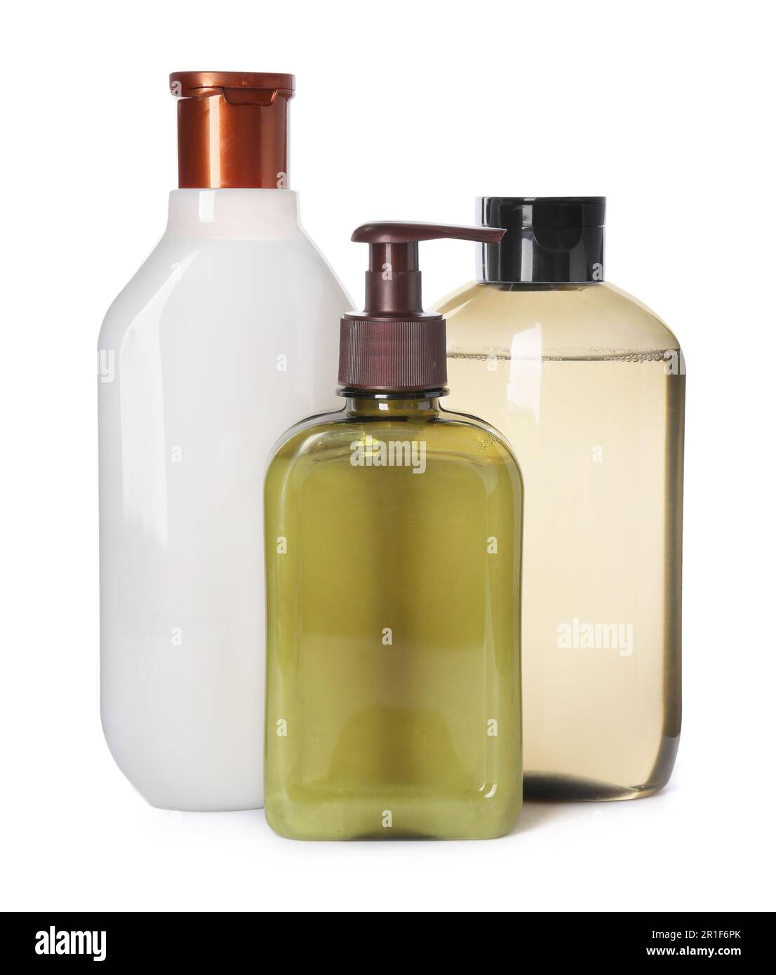 Different bottles of shampoo on white background Stock Photo - Alamy