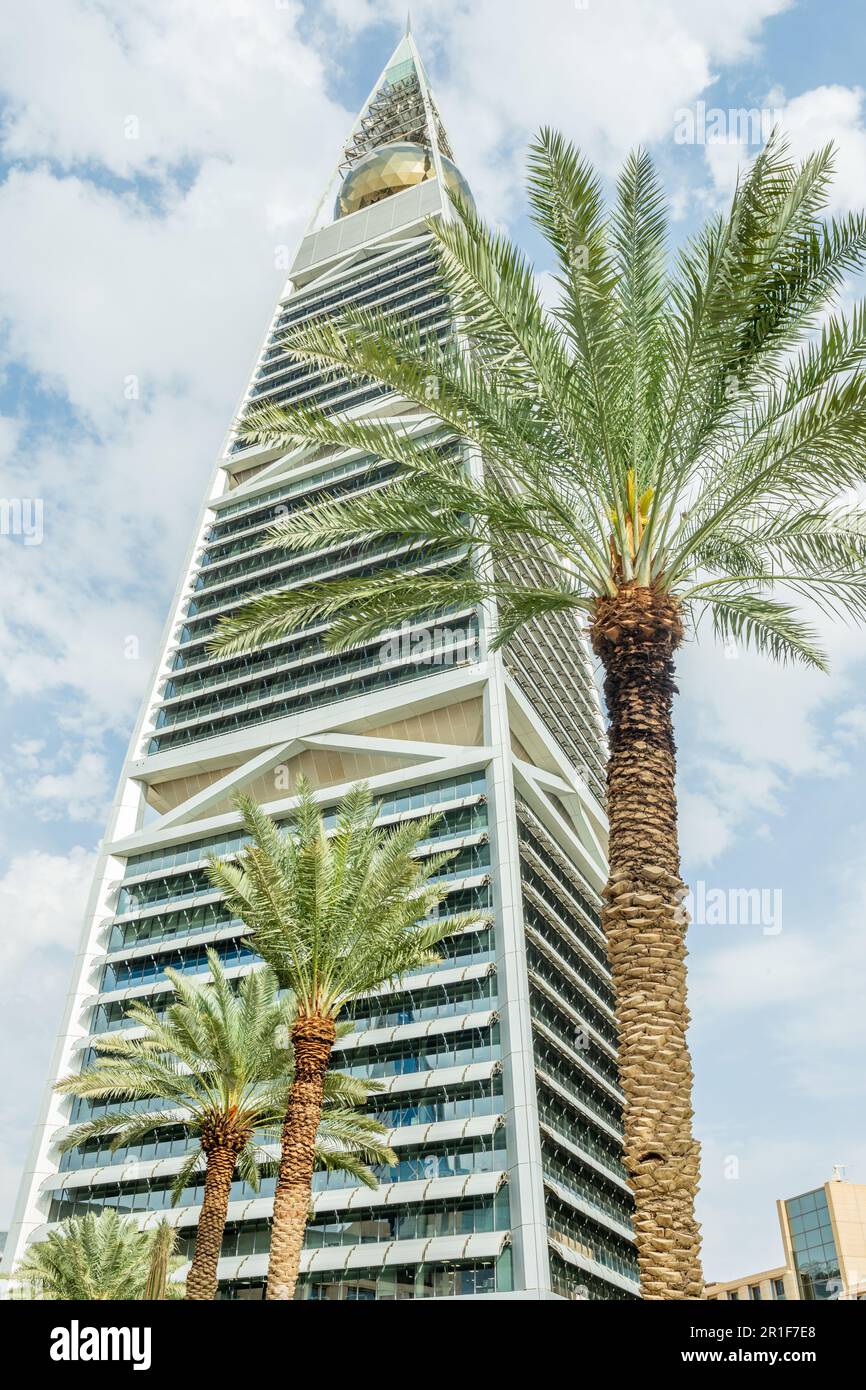 Modern buildings in the Al Olaya downtownt district with palms in the ...