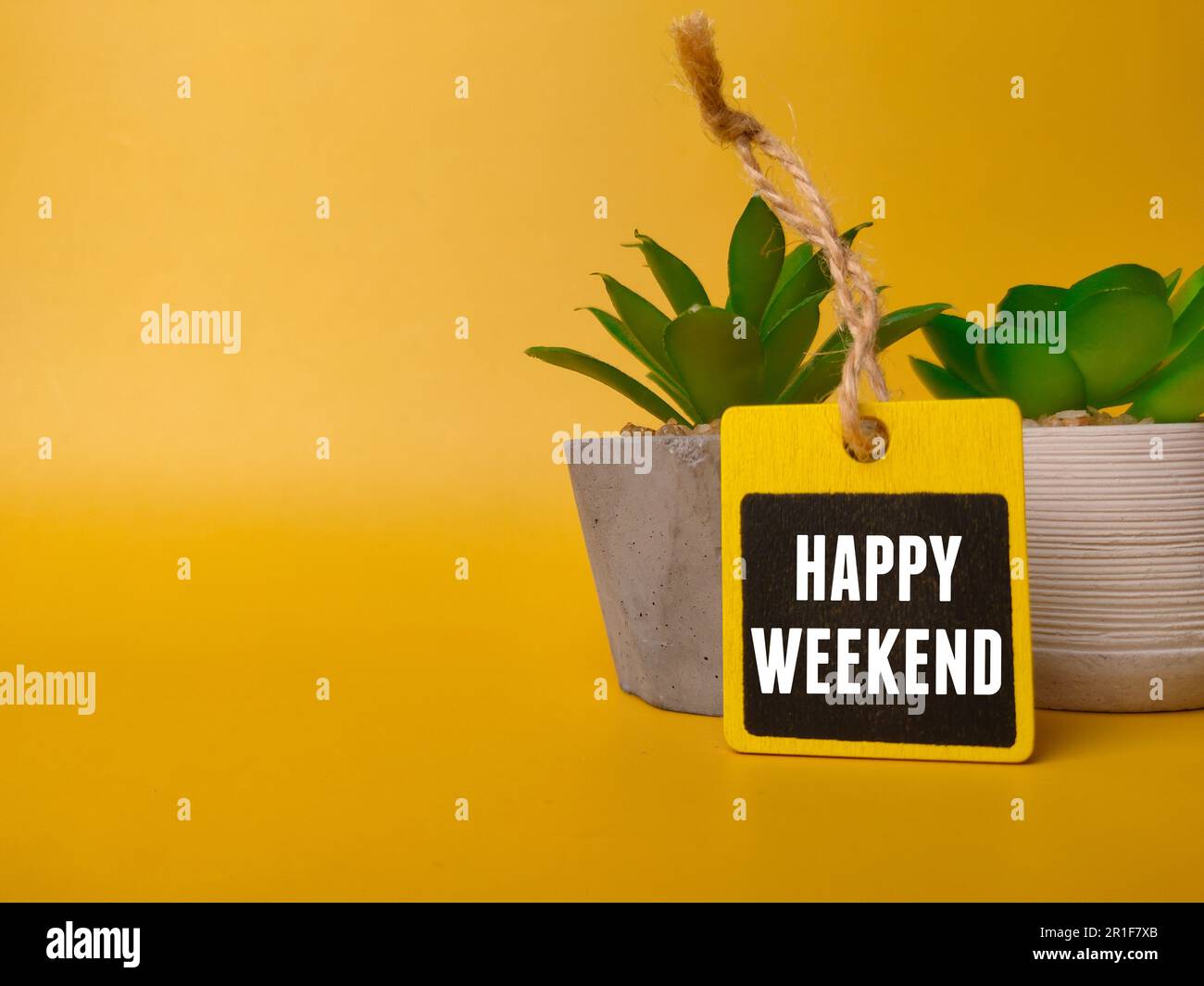 Wooden board and green plant with the word HAPPY WEEKEND on yellow ...