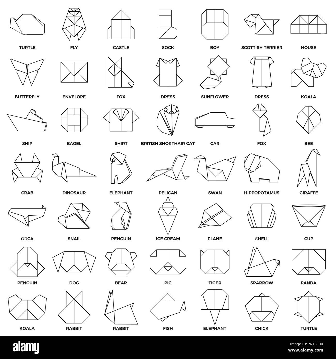 Set of origami animals, insects, birds and objects in flat style Stock ...