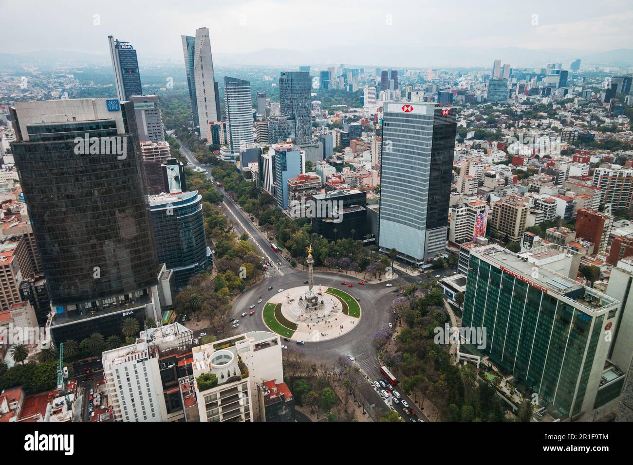 Aerial view of the Angel of Independence statue on Av. Paseo de la ...