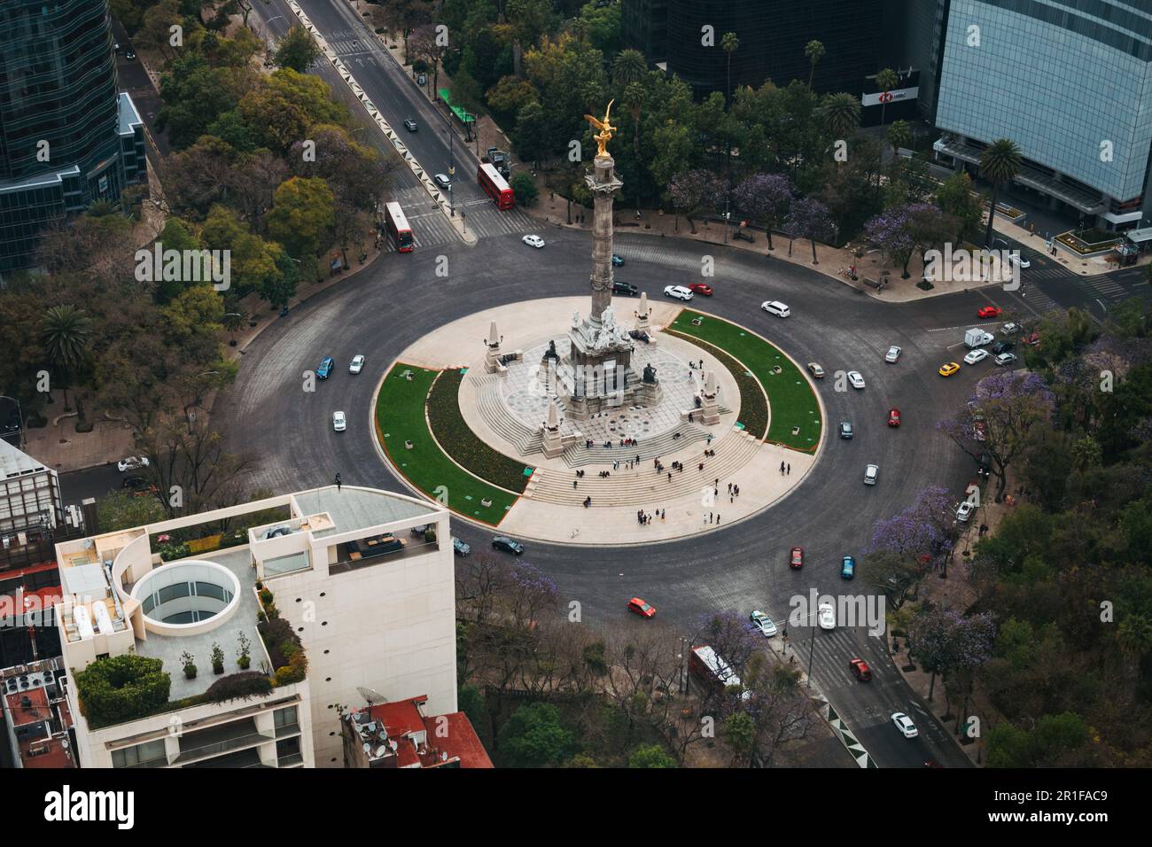 Aerial view of the Angel of Independence statue on Av. Paseo de la ...