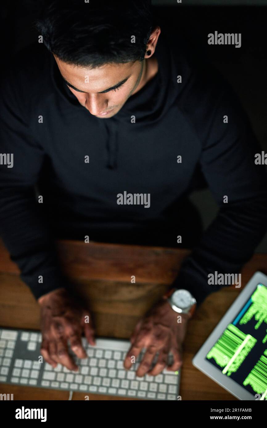 Hacker Man And Computer Keyboard In Night Programming Coding Software Or Password Hacking
