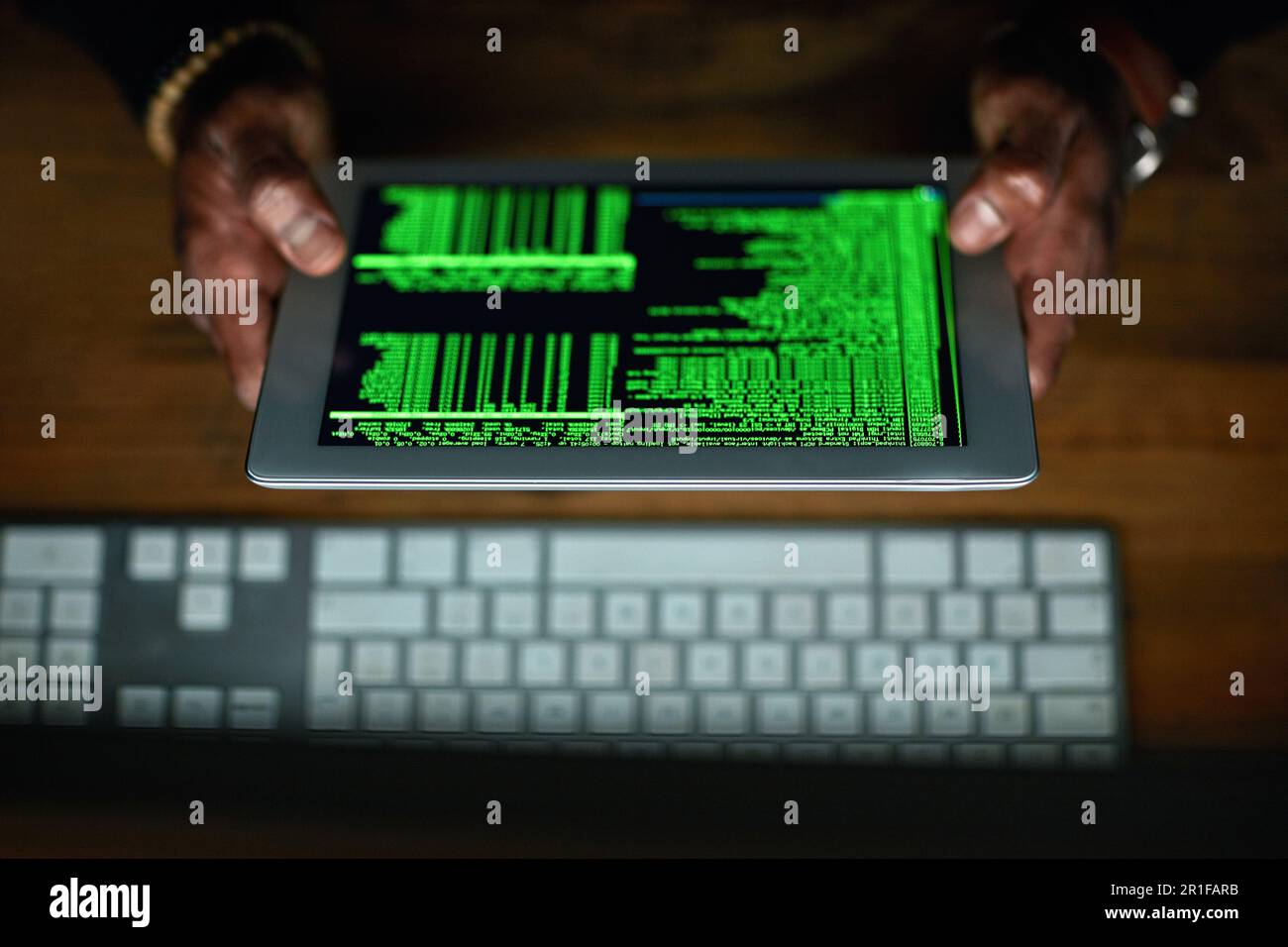 Hacker Man Hands And Tablet Screen For Software Data Code Or Password In Coding Programming