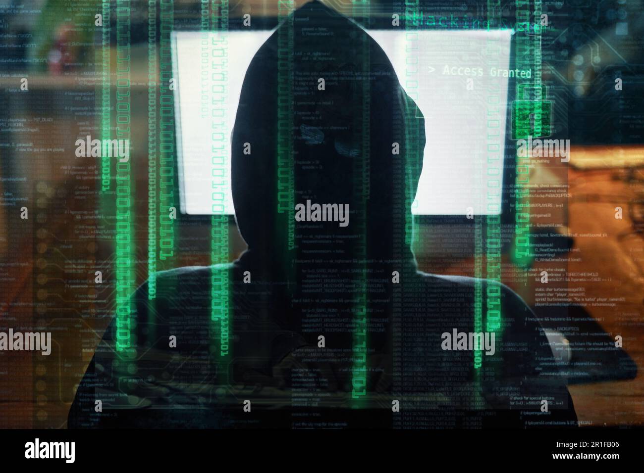 Hacker Man Hoodie And Computer Screen For Software Hacking Coding Or Programming At Night In