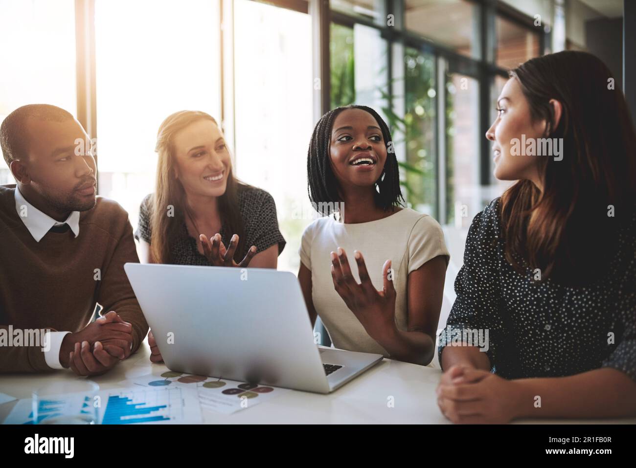 Business people, employee conversation and laptop data with planning ...