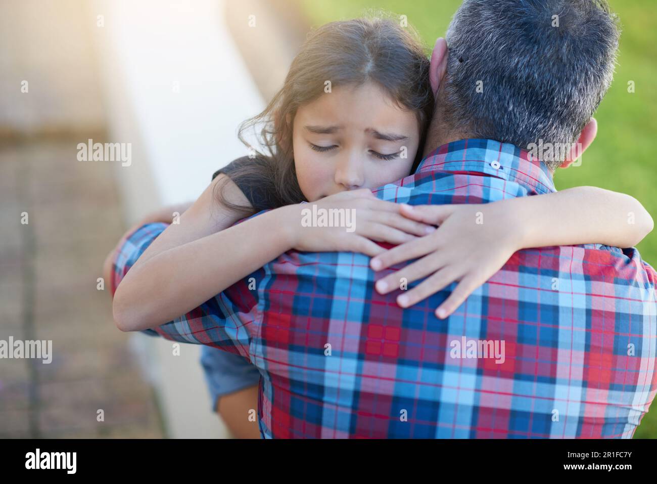 Hug, father and girl with love, sympathy and comfort with grief, loss ...