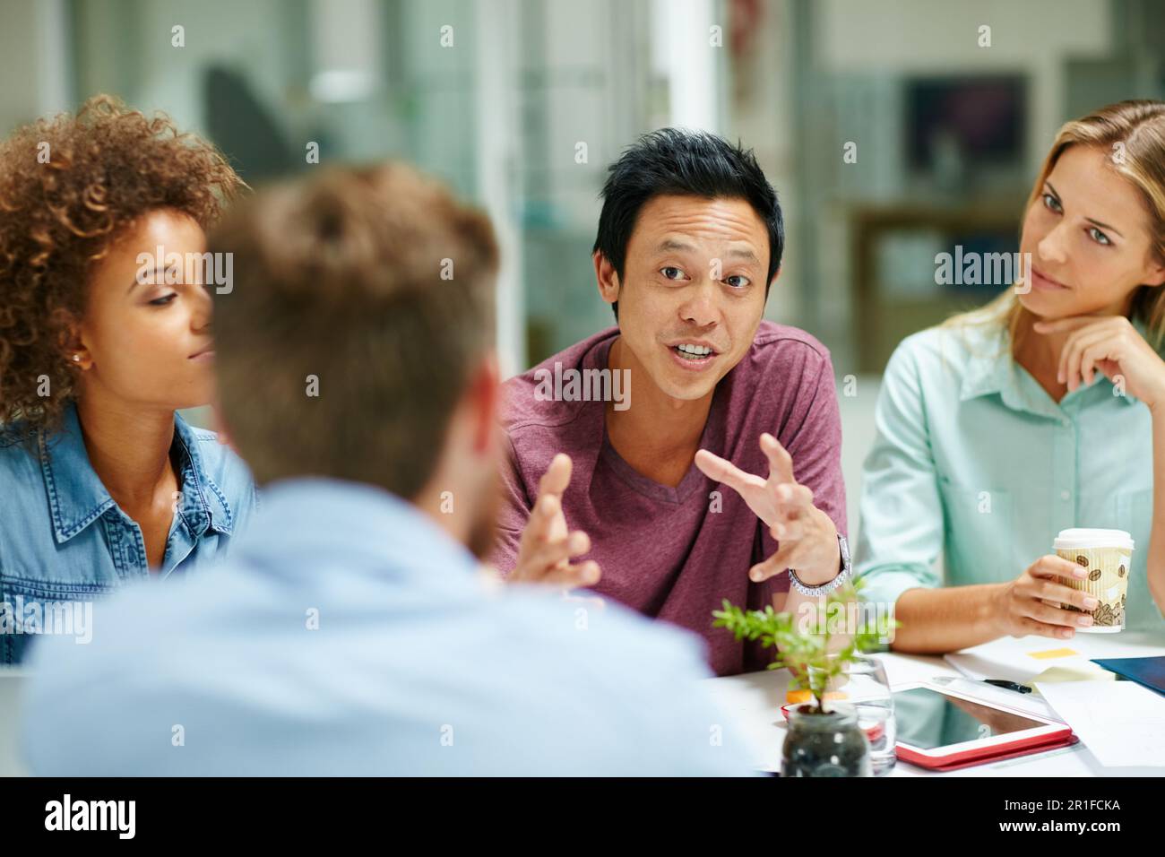 Talking, business and employees planning, teamwork and partnership for ...