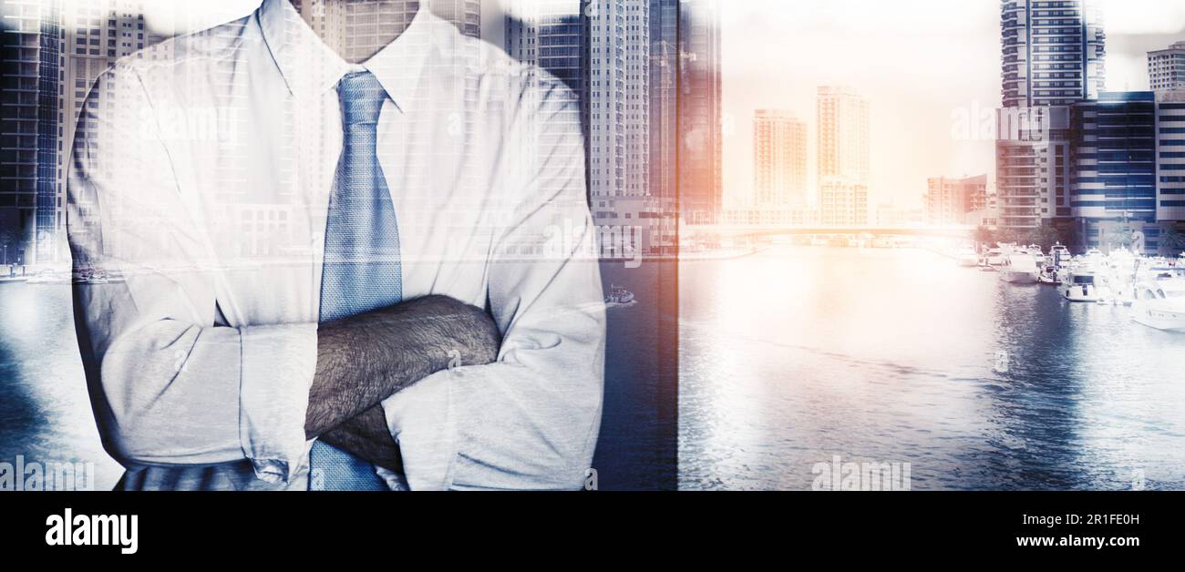 Business man, double exposure and arms crossed by buildings for mockup ...