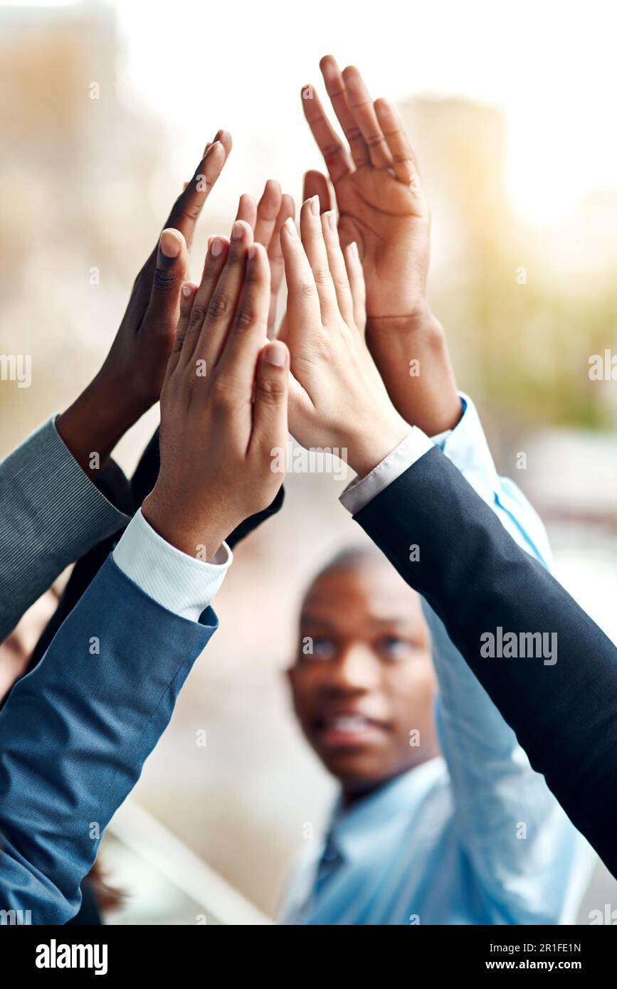 Business people, hands and high five for collaboration, success and team building. Group ...