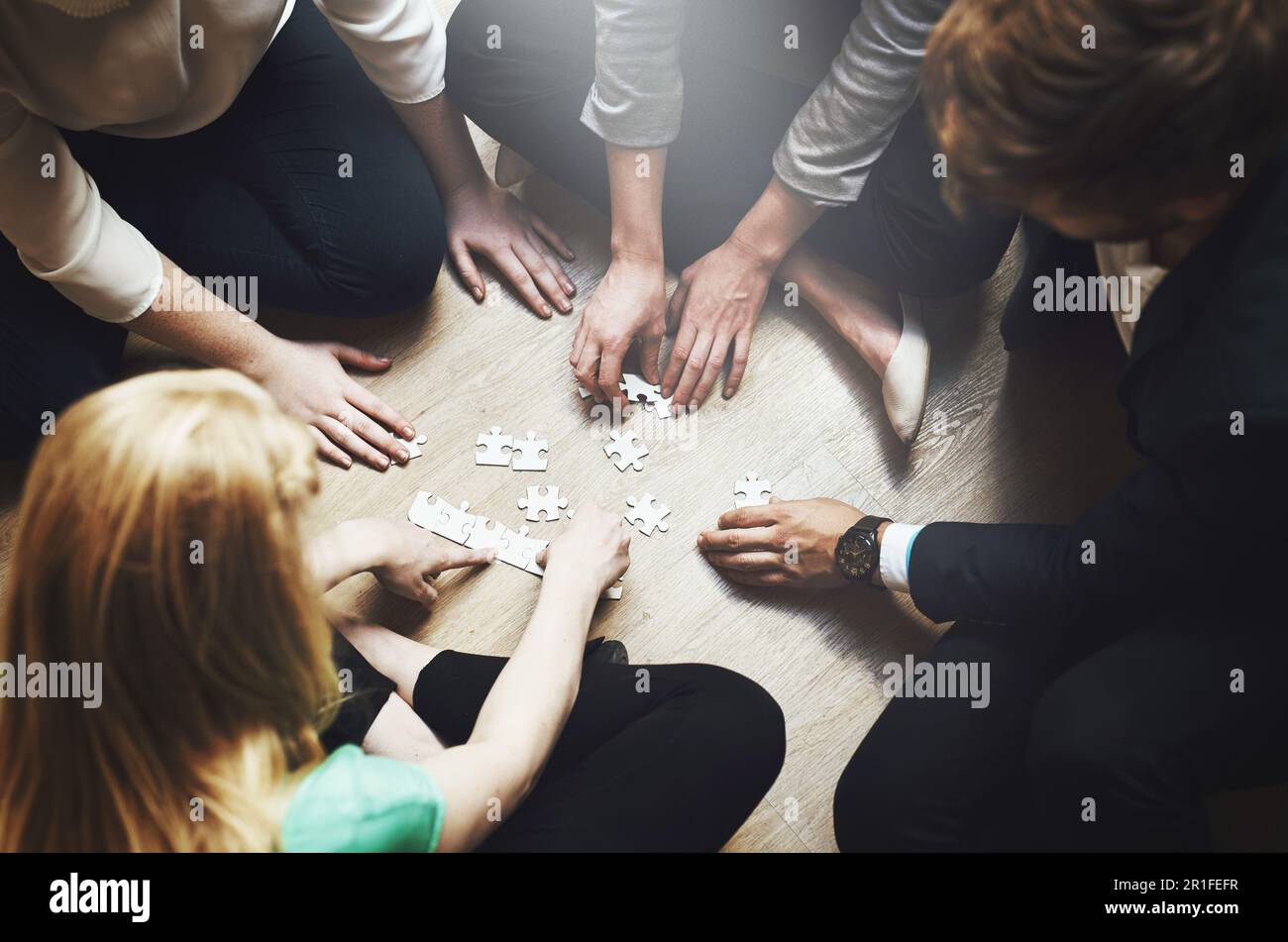 Puzzle, group and teamwork of people solution, collaboration and ...