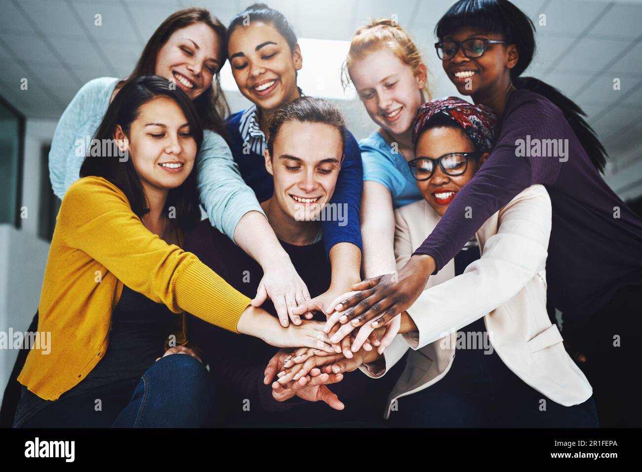 Teamwork, collaboration and people hands stacked for support, target or team building ...