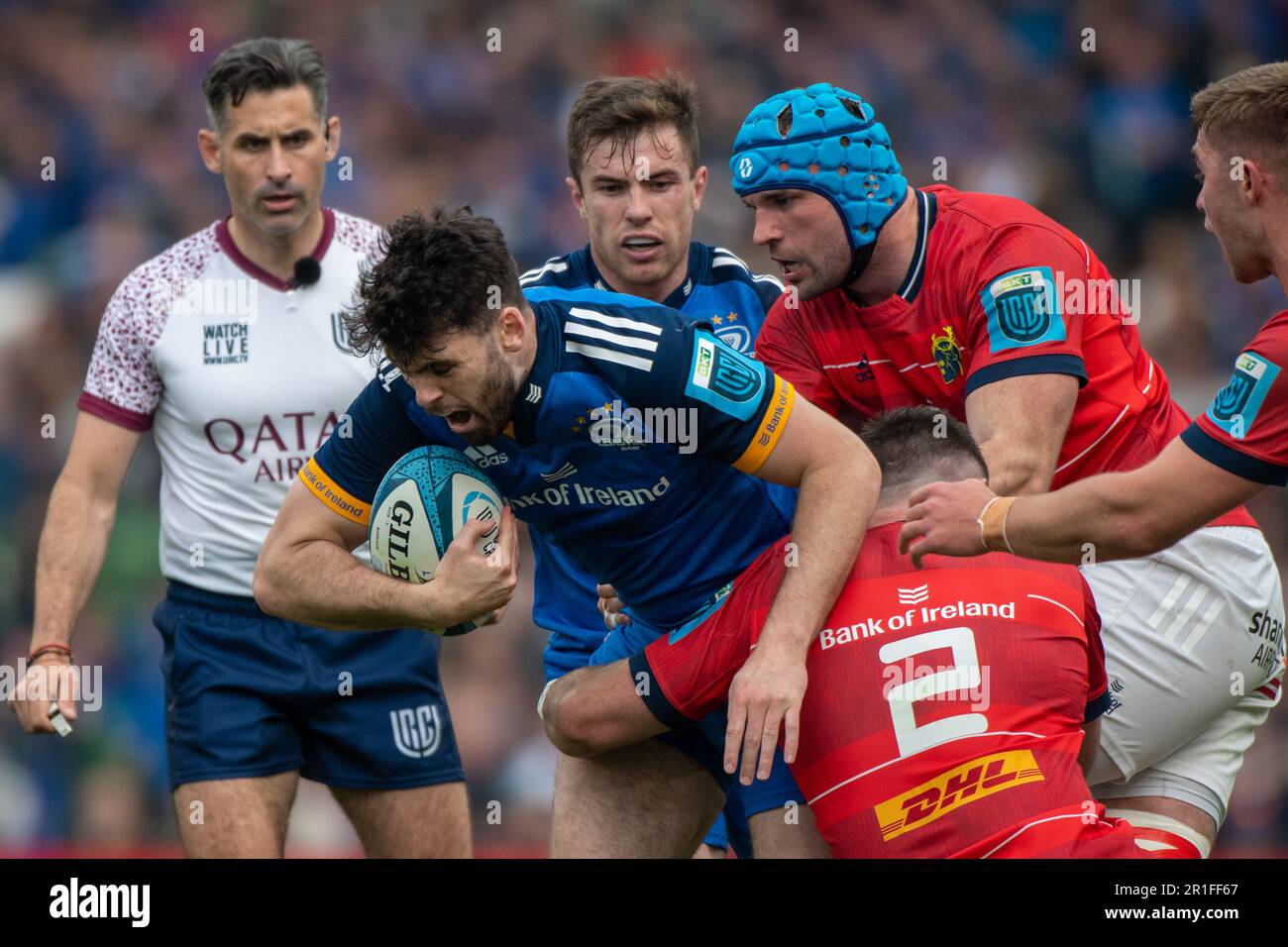 Dublin, Ireland. 13th May, 2023. Harry Byrne of Leinster with the ball ...