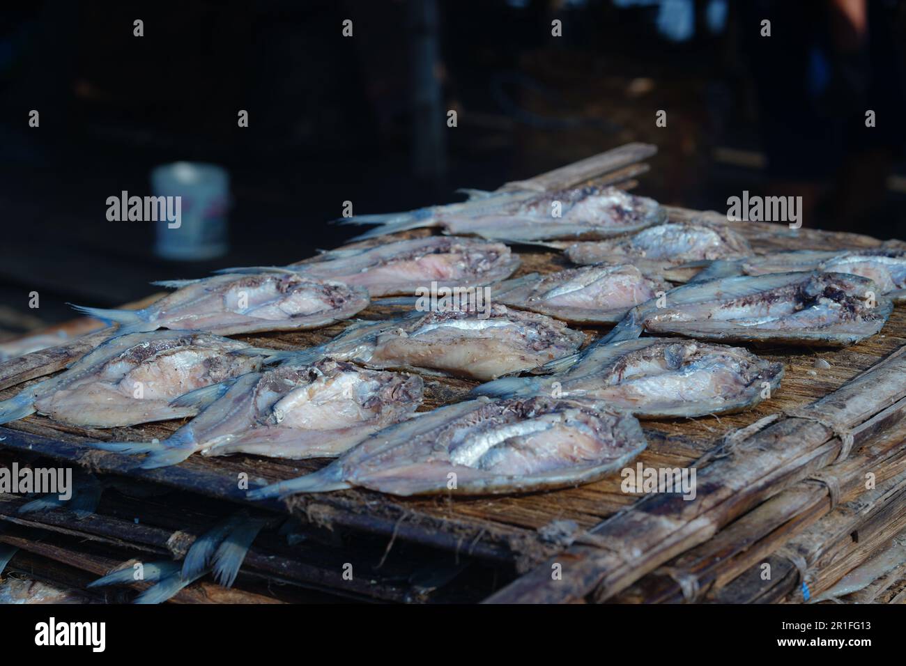 Traditional process of drying the salted fish under direct sunlight in ...