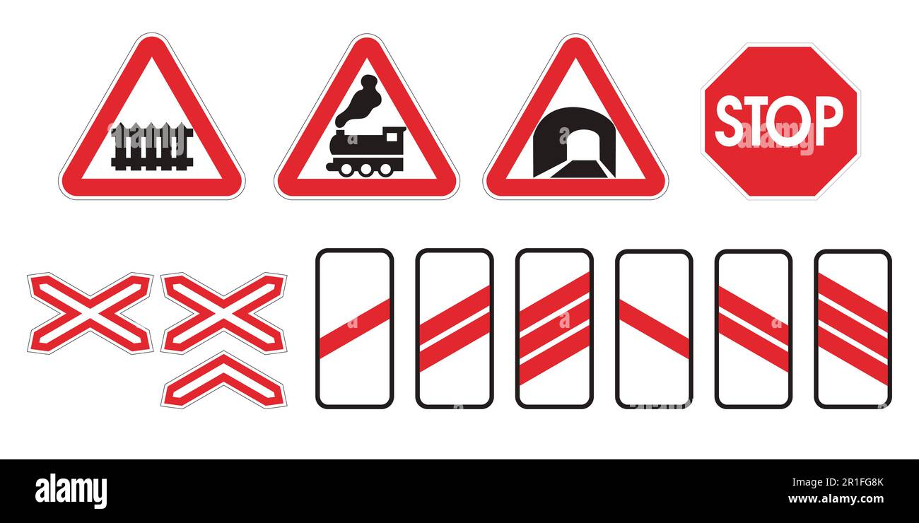 attention road signs warning of railway signs showing the approach to ...