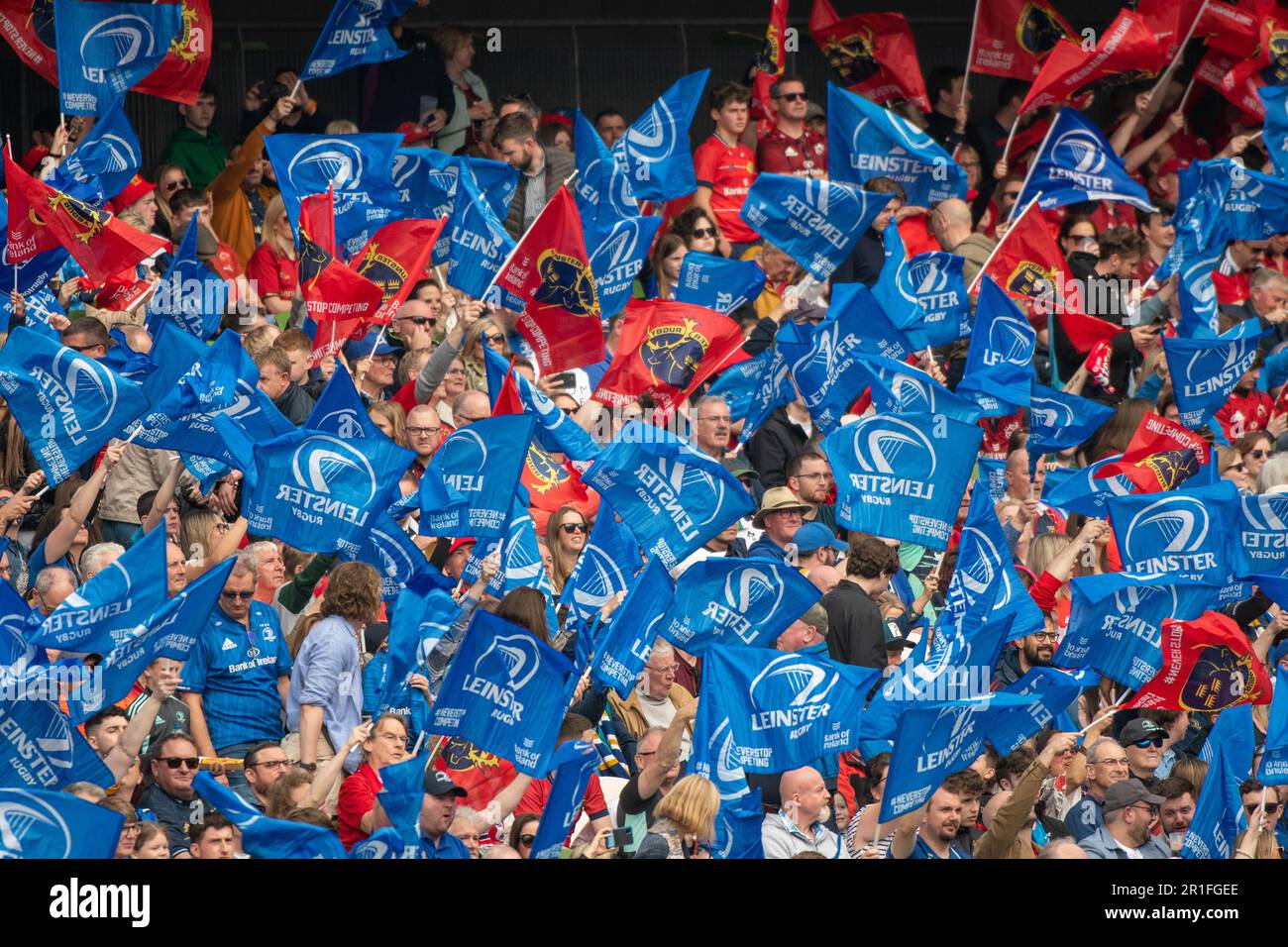 Dublin, Ireland. 13th May, 2023. Leinster and Munster fans with flags ...