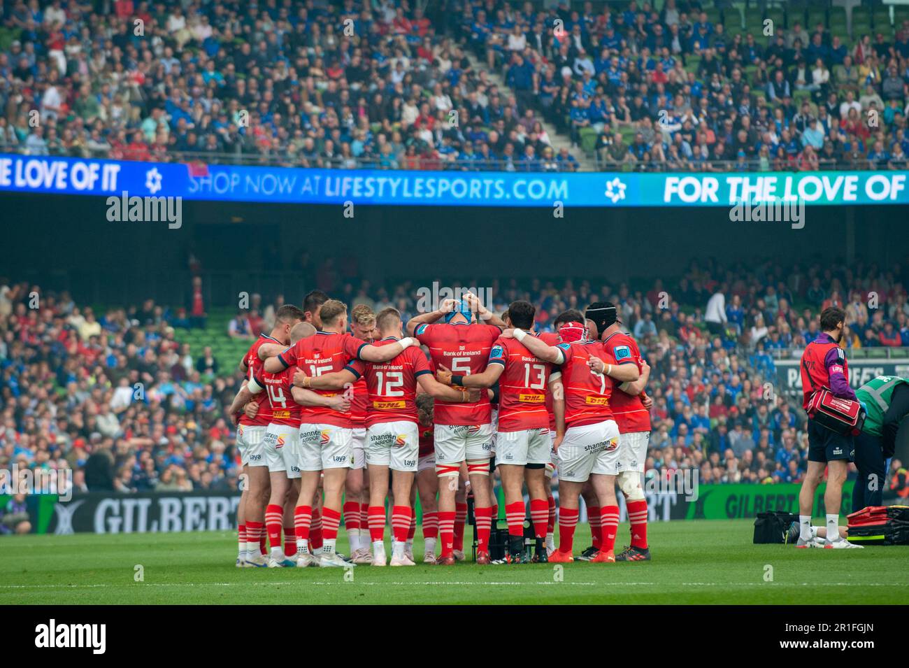 Dublin, Ireland. 14th May, 2023. Munster players in a huddle during the ...