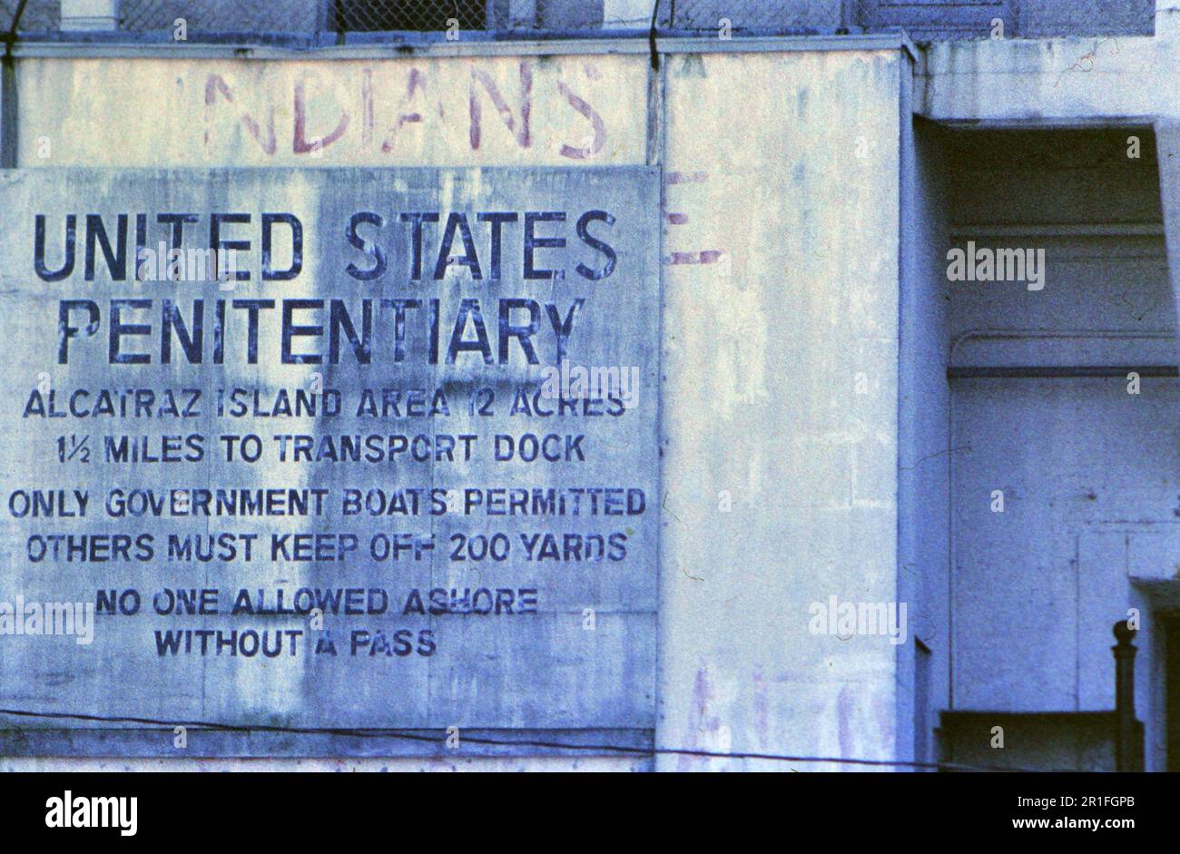 Entrance sign to abandoned Alcatraz Island Penitentiary ca. 1986 Stock ...