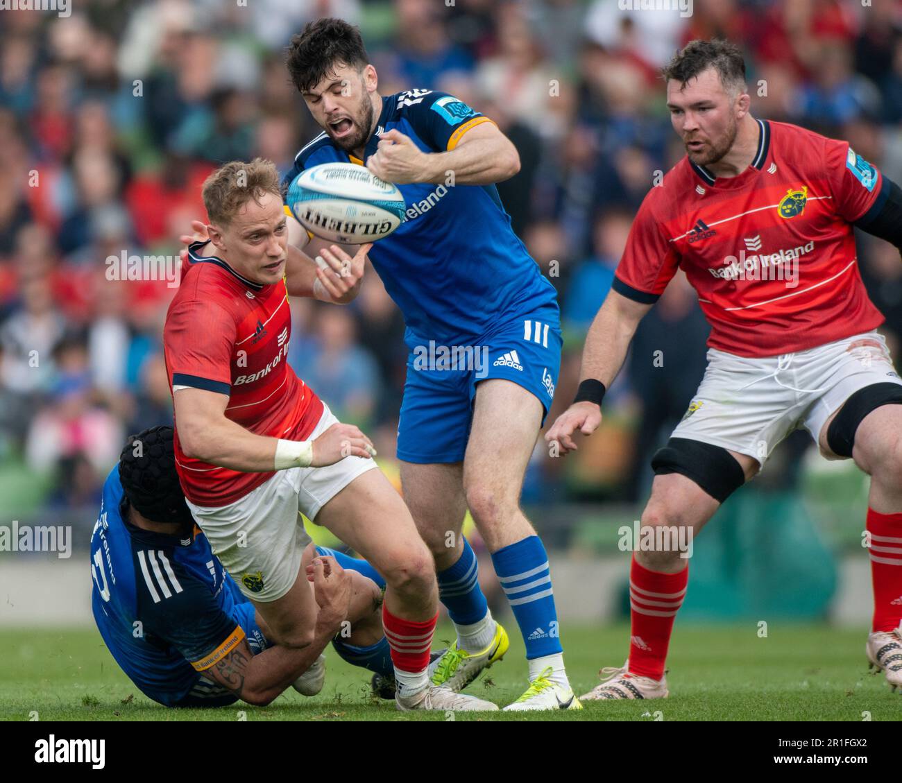 Dublin, Ireland. 14th May, 2023. Harry Byrne of Leinster and Mike Haley ...