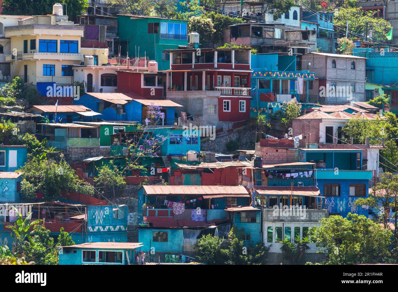 Street of colorfully painted houses in Guatemala, Central America Stock ...