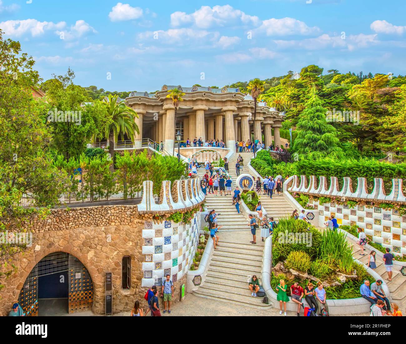 Stairs and buildings in the Park Guell by architect Gaudi o in ...