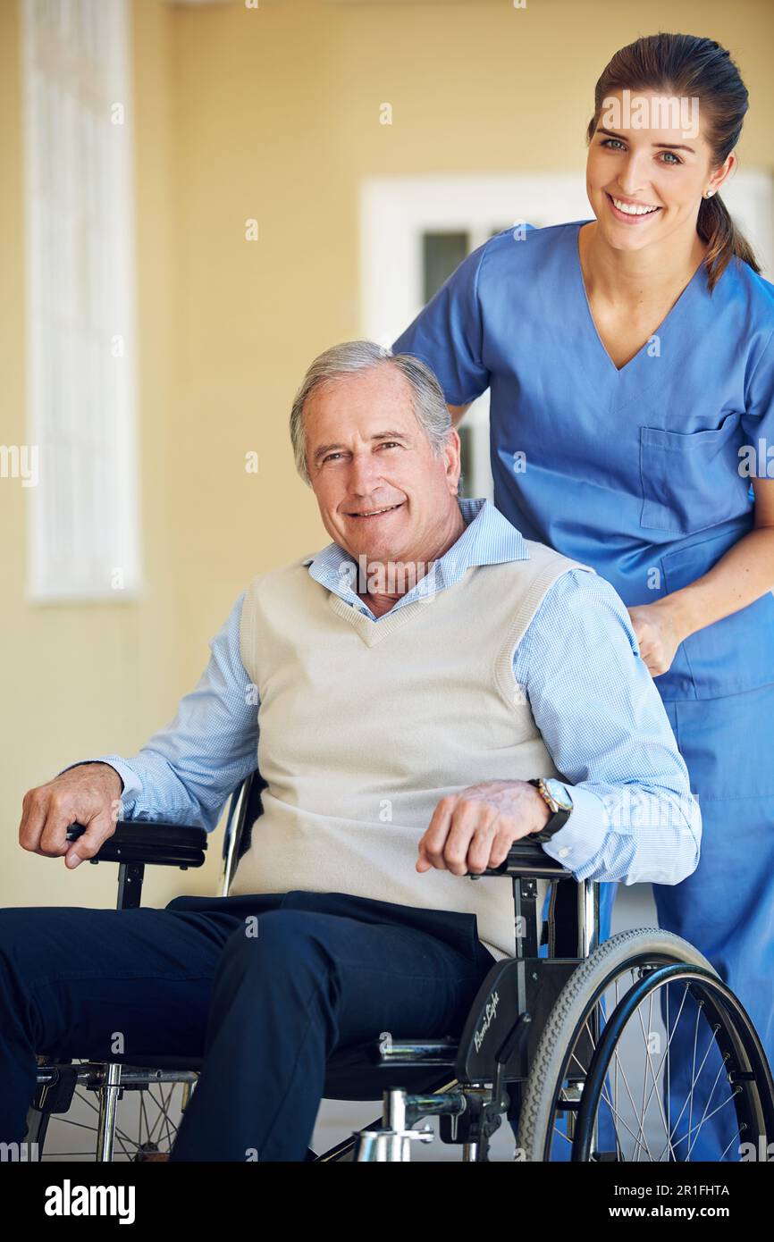 Portrait smile, caregiver or old man in wheelchair in hospital clinic ...